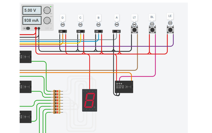 Circuit design [Relay] [CD4511] Improved HEX to 7 segment decoder - Tinkercad